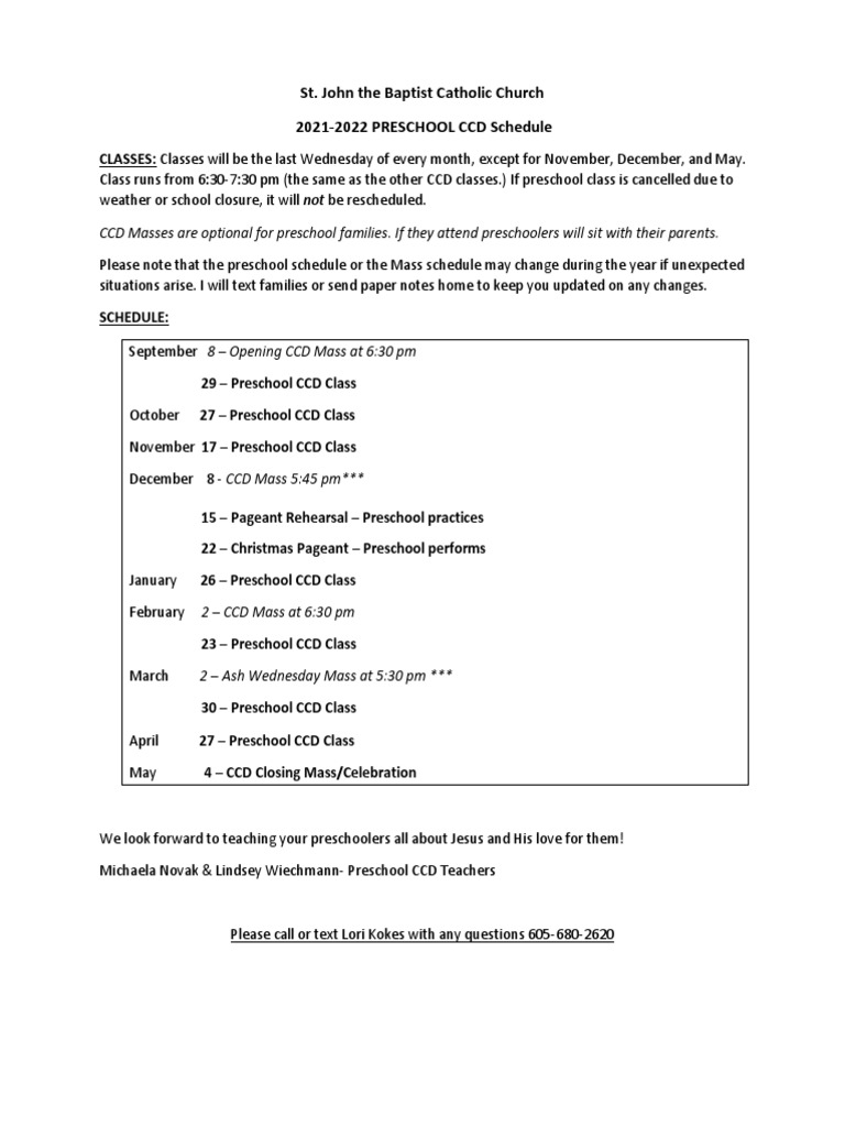 15 Preschool CCD Schedule 2021-22 | PDF