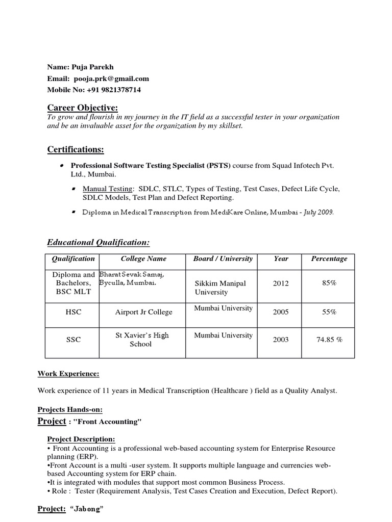 Career Objective:: Name: Puja Parekh Mobile No: +91 9821378714 | PDF ...