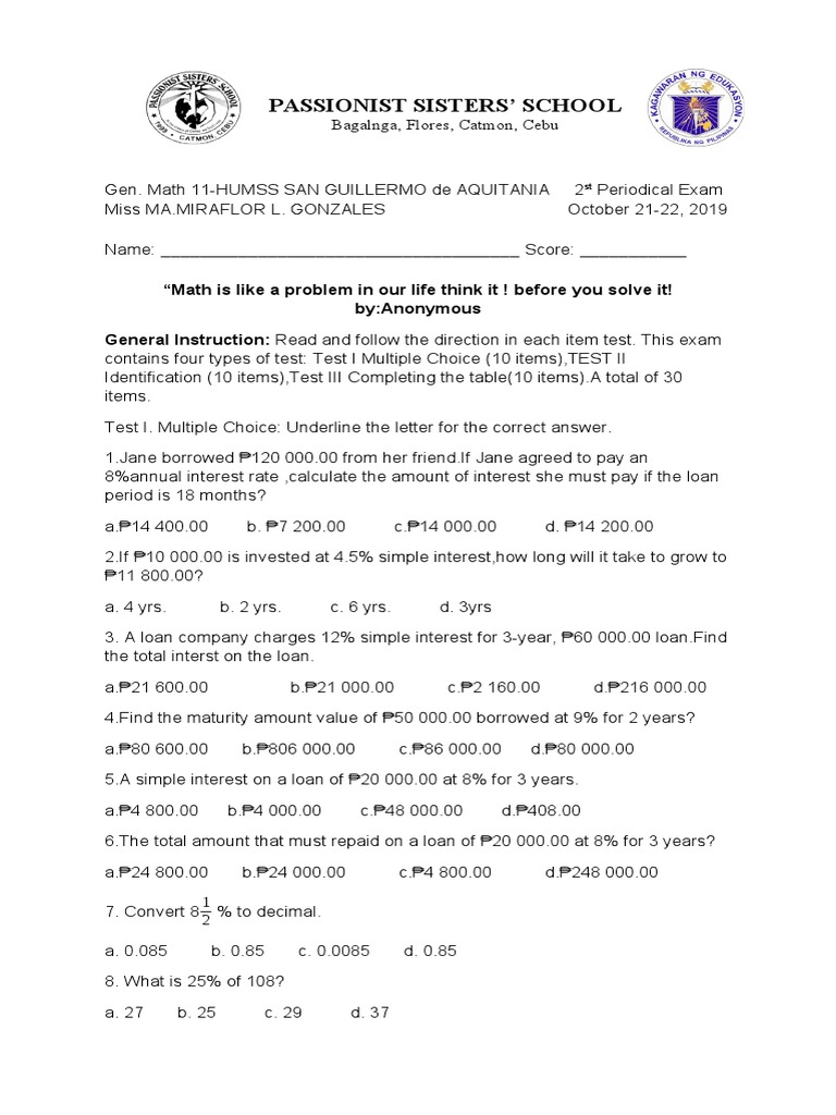 Genmath 11 Humss San Gulliermo de Aquitania | PDF | Interest | Economies