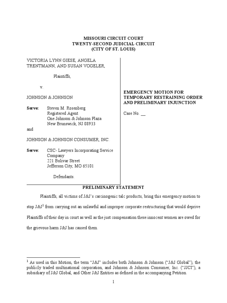 Missouri Lawsuit To Bar Two Step by J&J - Emergency Motion For Temporary Restraining Order and ...