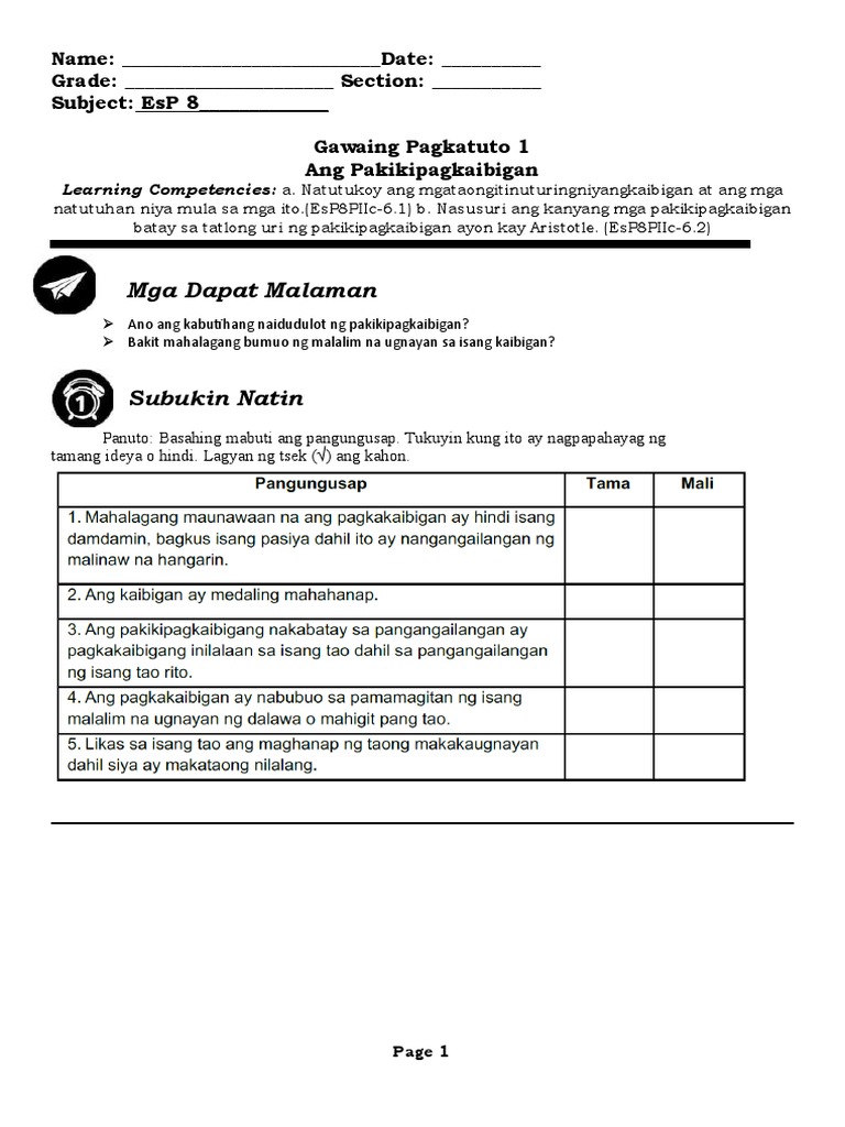 Activity Sheet - EsP 8 | PDF