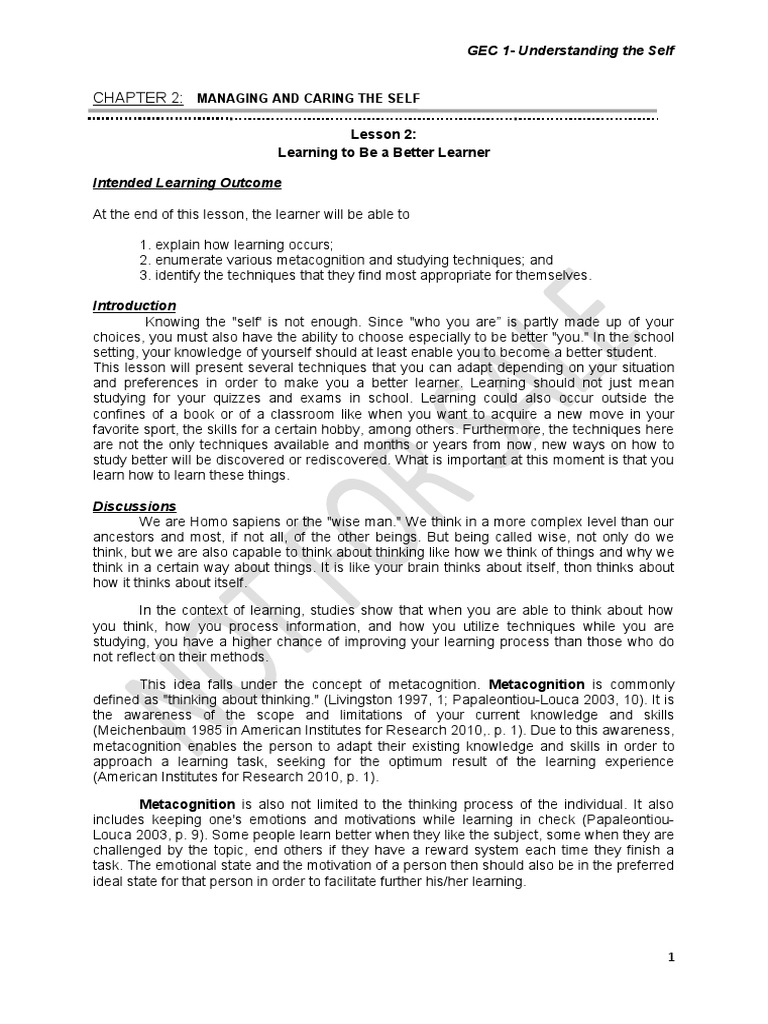 Lesson 2: Learning To Be A Better Learner: GEC 1-Understanding The Self | PDF | Metacognition ...