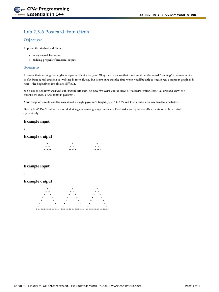 CPA: Programming Essentials in C++: Lab 2.3.6 Postcard From Gizah | PDF ...