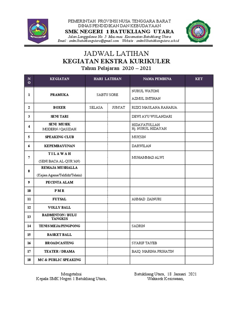 Jadwal Ekstra Kurikuler | PDF