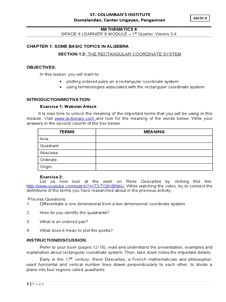 Math 8. Quarter 1. Week 3-4 | PDF | Cartesian Coordinate System ...