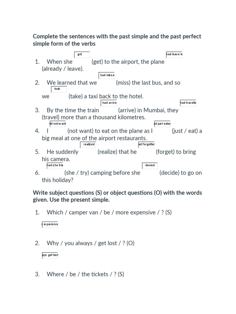 Complete The Sentences With The Past Simple and The Past Perfect Simple ...