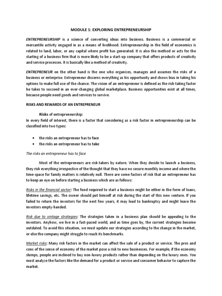 Module 1: Exploring Entrepreneurship | PDF | Entrepreneurship | Risk
