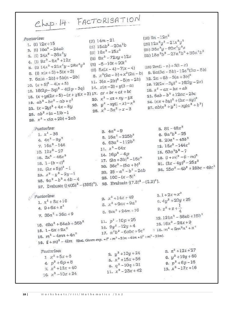 CBSE Class 8 Factorisation Worksheet | PDF