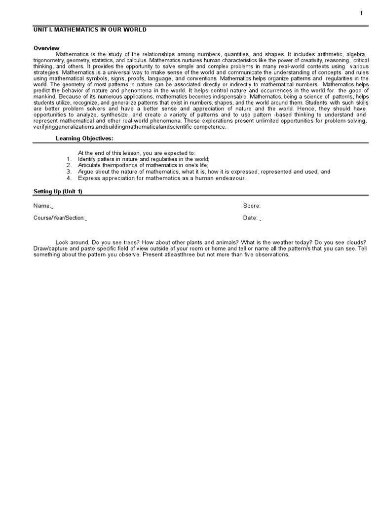 Unit I. Mathematics in Our World | PDF | Pattern | Mathematics