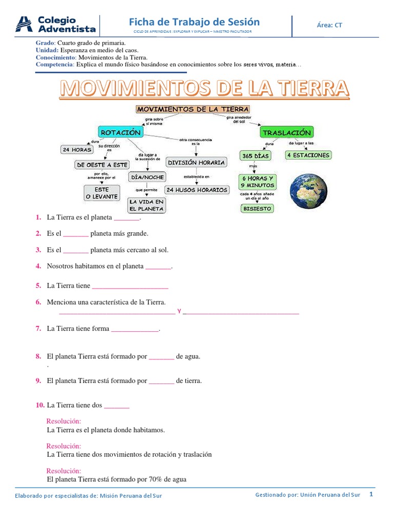 Ficha de Trabajo - Movimientos de La Tierra | PDF | Tierra