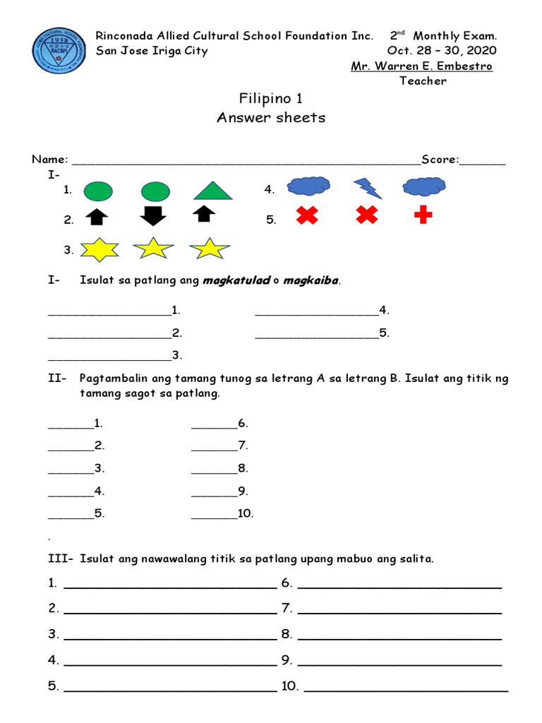 Filipino 1 Answer Sheets: Magkatulad o Magkaiba | PDF