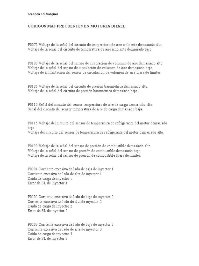 Códigos Más Frecuentes en Motores Diesel | PDF | Sensor | Motor diesel