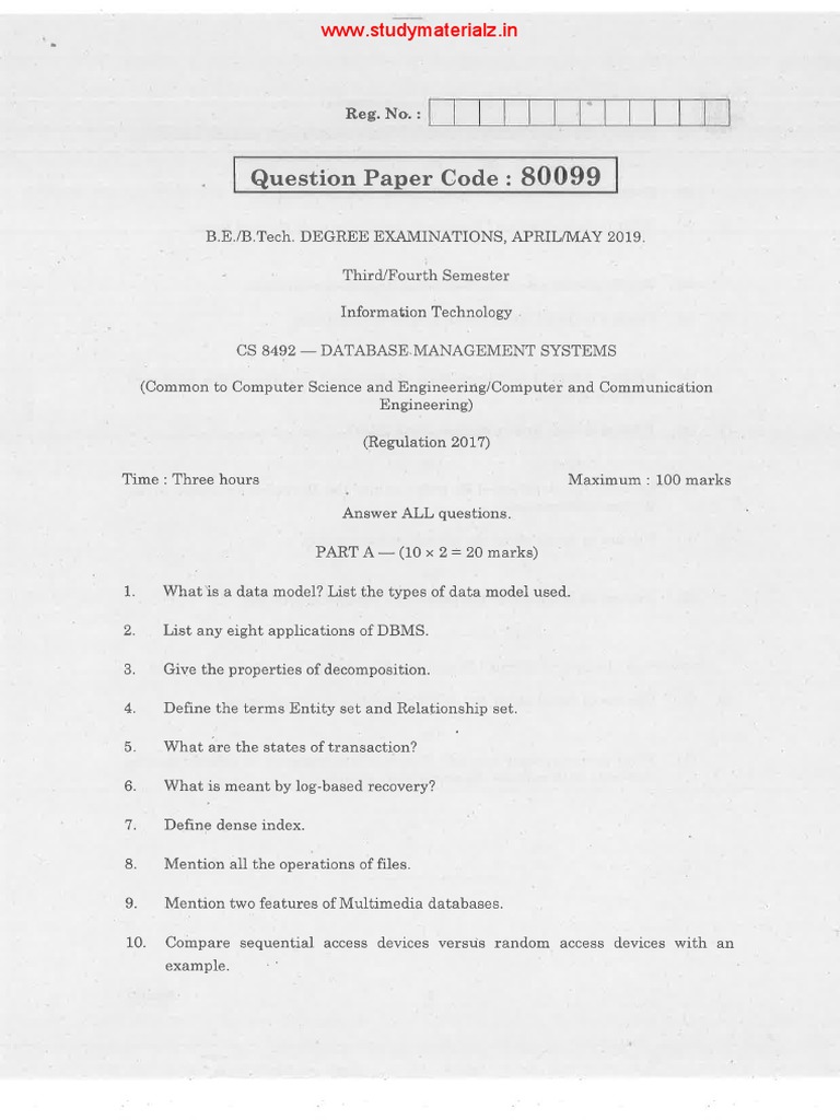 CS8492 Database Management Systems Question Paper by WWW - Studymaterialz.in | PDF