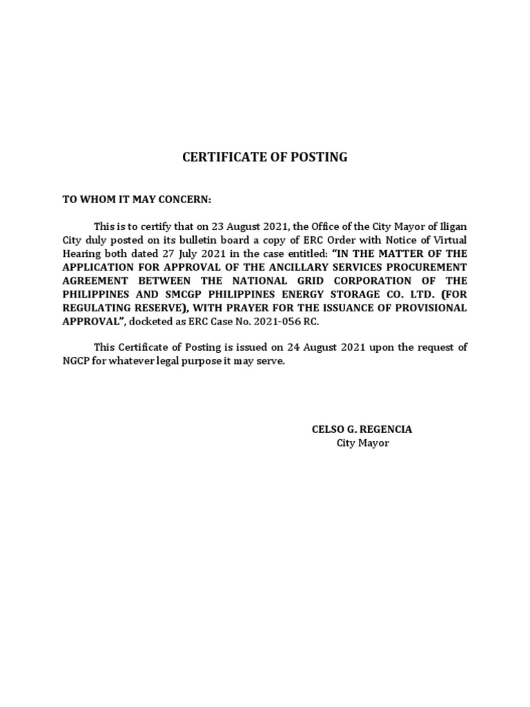 Certificate of Posting - Erc Case No. 2021-056 RC August 23, 2021 | PDF