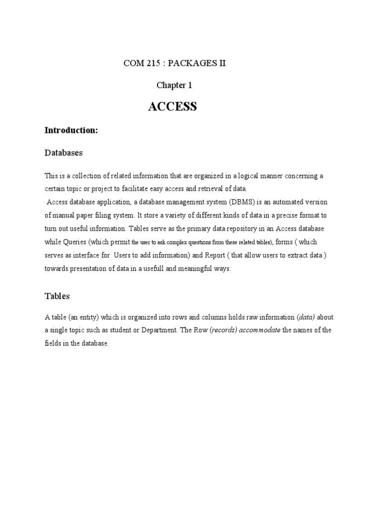Access: Com 215: Packages Ii | Download Free PDF | Databases | Relational Database