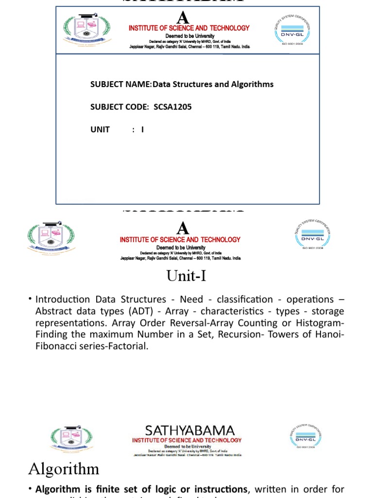SUBJECT NAME:Data Structures and Algorithms Subject Code: Scsa1205 Unit: I | Download Free PDF ...