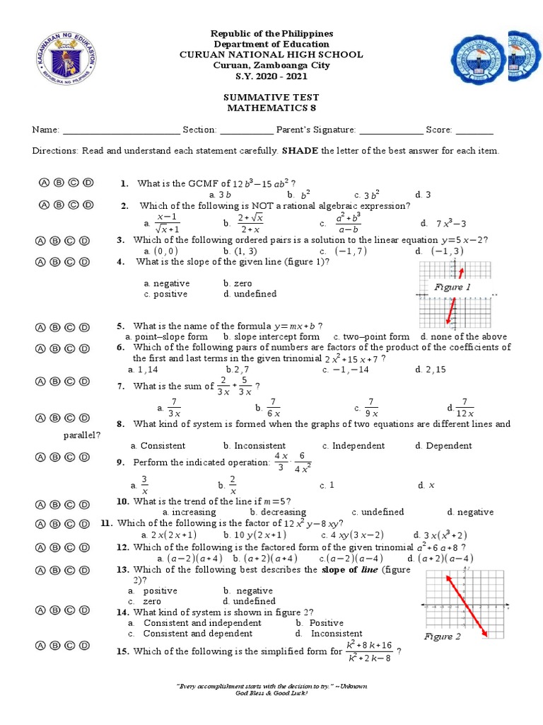 Grade 8 Math - Q1 - W1 Summative Test | PDF | Mathematical Concepts ...