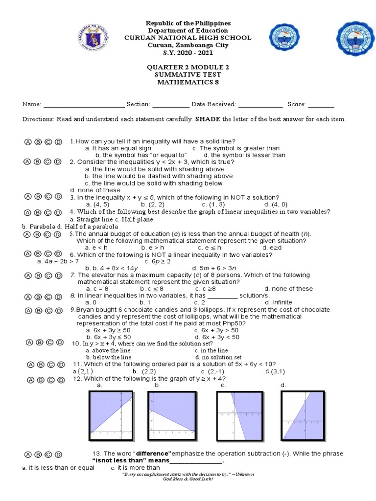 Grade 8 Math - Q1 - W2 Summative Test | PDF | Inequality (Mathematics ...