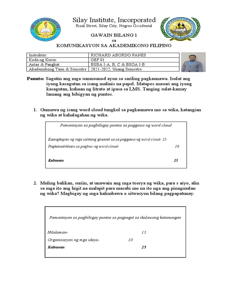 Gawain Bilang 1 (Komunikasyon Sa Akademikong Filipino) | PDF