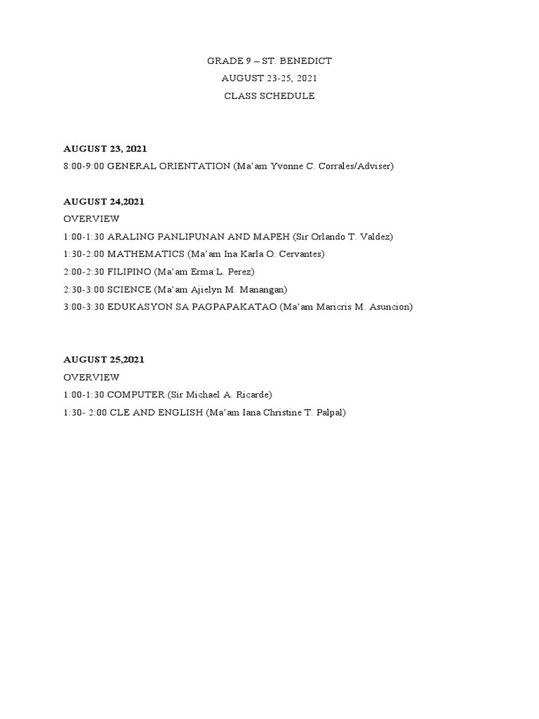 Grade 9 Schedule | PDF