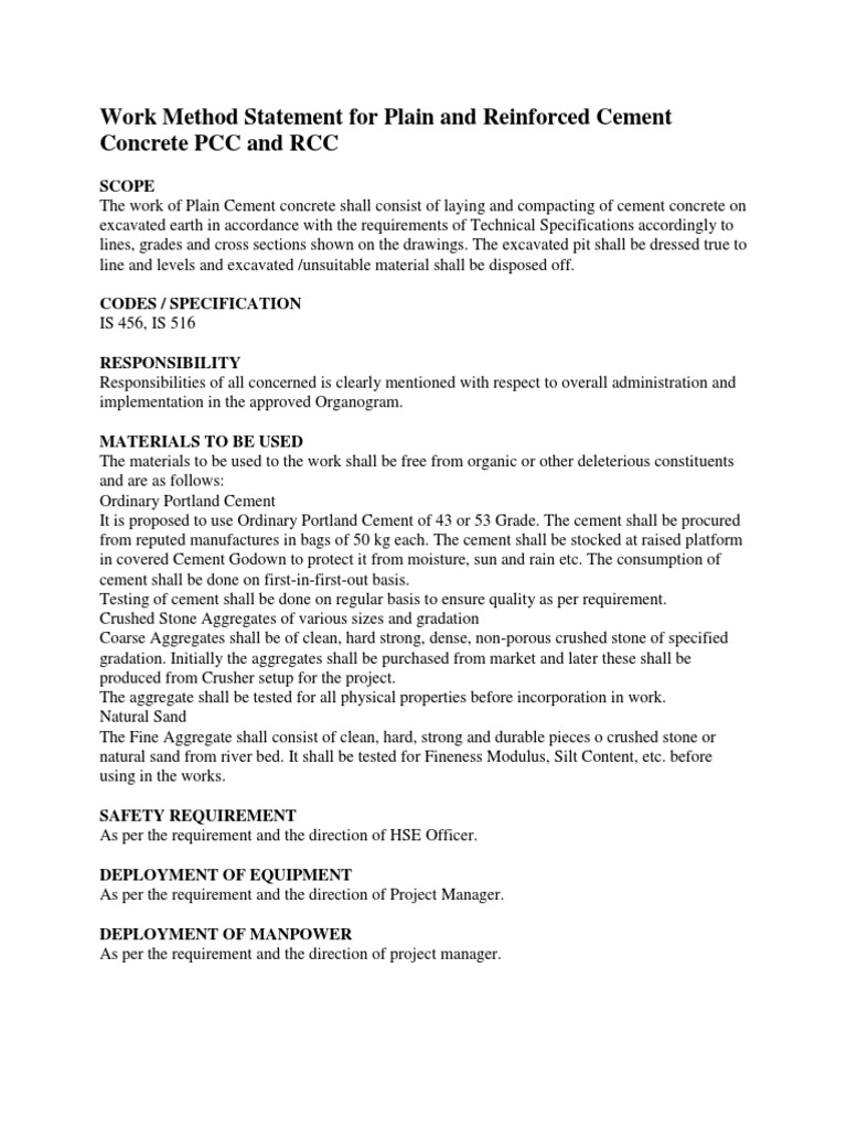 Work Method Statement For Plain and Reinforced Cement Concrete PCC ...