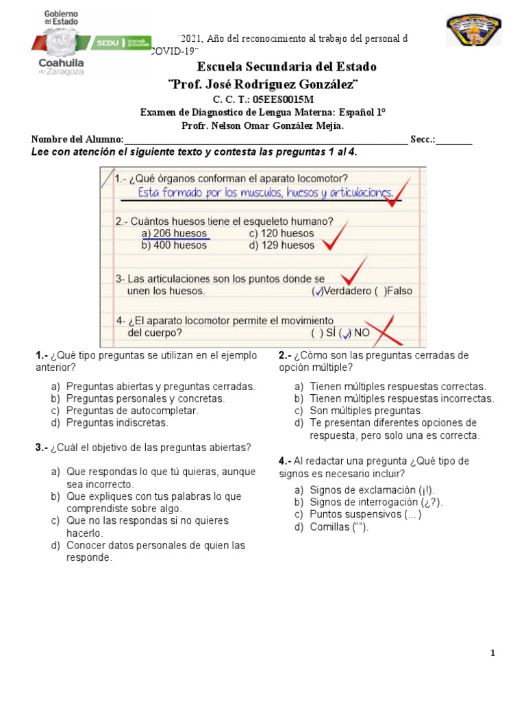 Examen Diagnostico Español 1° | PDF | Prueba (evaluación)