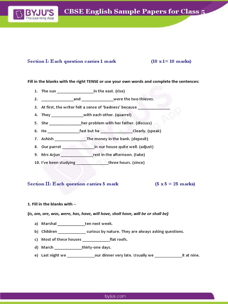 CBSE Class 5 English Sample Paper 1 Er (1) Byjus | PDF | Language Arts ...
