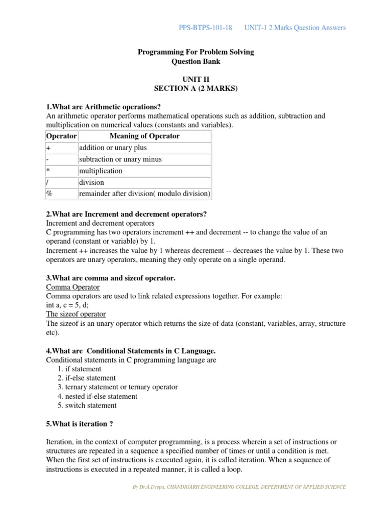PPS-BTPS-101-18 2 Marks QA | PDF | Control Flow | C (Programming Language)