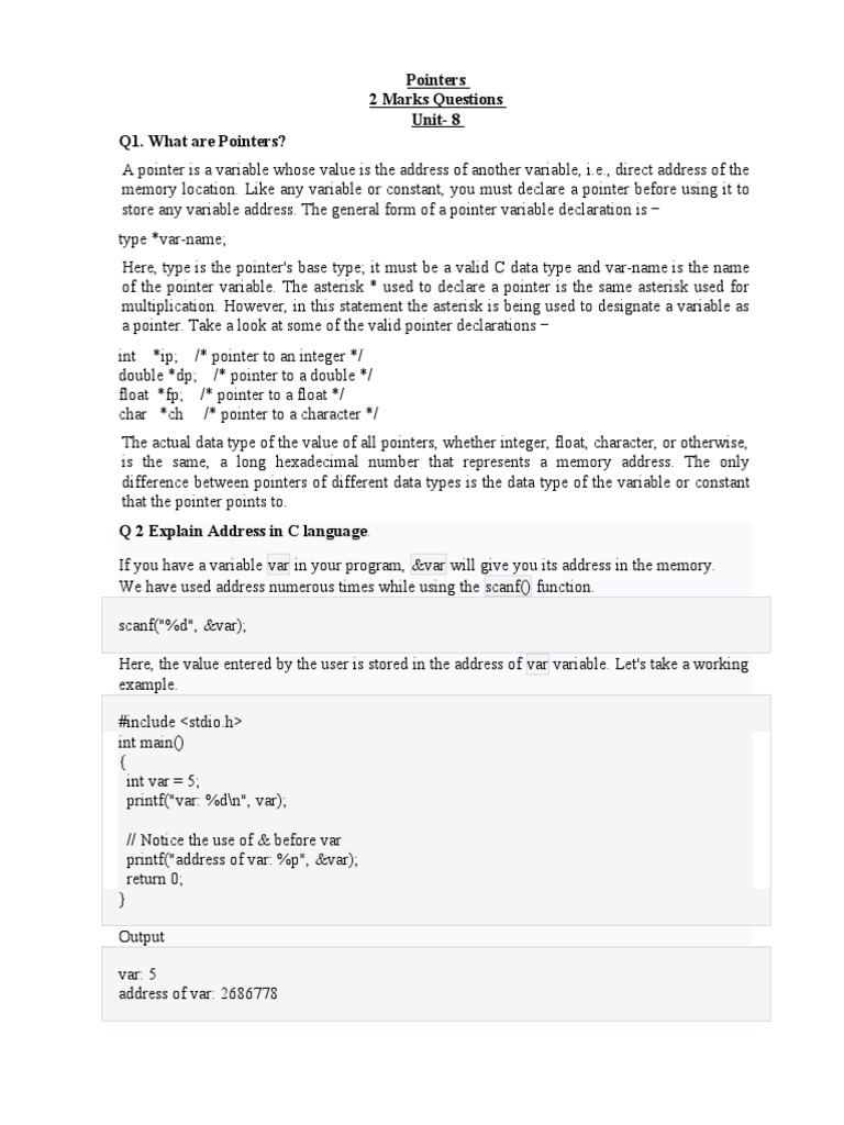 PPS Unit-8 Pointers 2marks Ques With Ans | PDF | Pointer (Computer Programming) | Variable ...