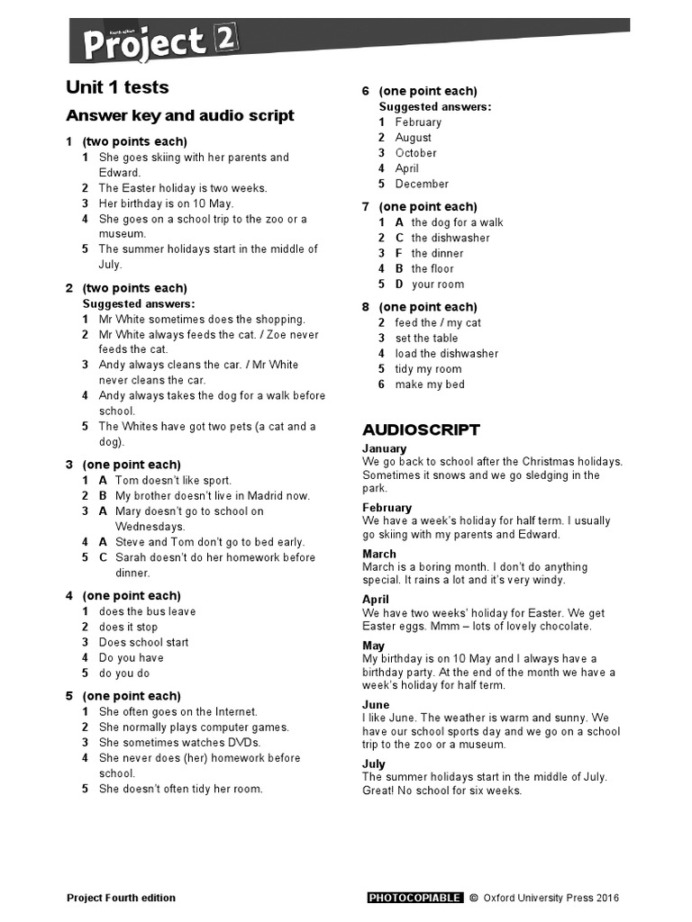 Project - English - 2 - 4th - Edition - Test - Unit 1 - Answer Key and ...