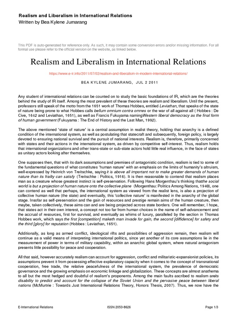 Realism and Liberalism in International Relations | PDF | Liberalism ...