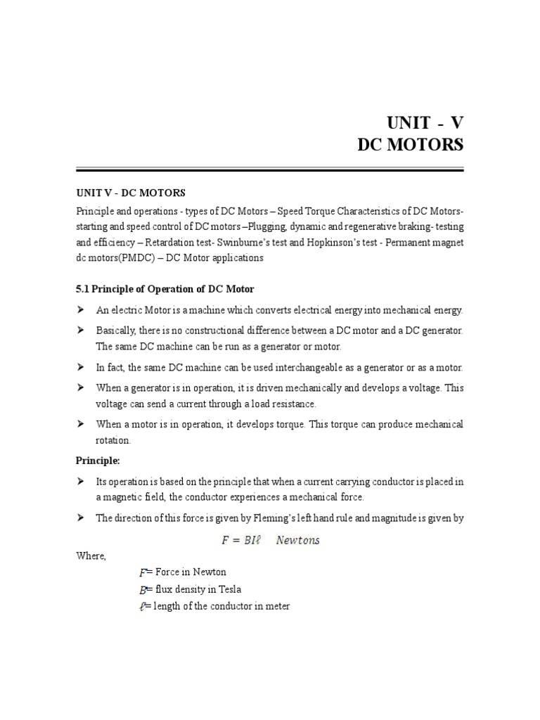 Rotating Machines and Transformers Unit 3 DC MOTOR CLASS NOTES | PDF ...