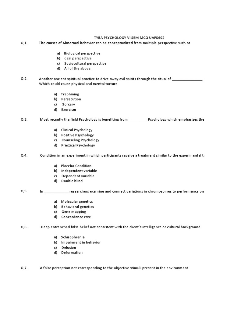Abnormal Psychology MCQs for Exam | PDF | Mental Disorder | Personality ...