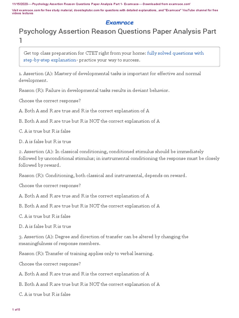 Psych Assertions Reason Q Analysis | PDF | Reason | Behavioural Sciences