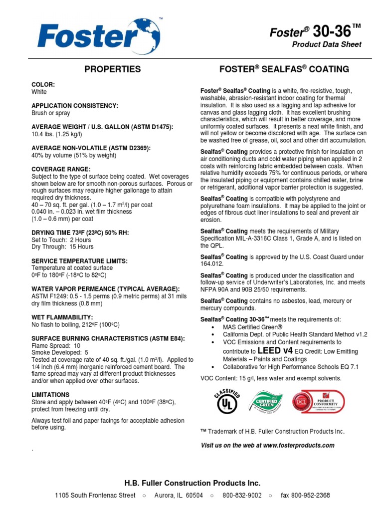 Foster: Properties Foster Sealfas Coating | PDF | Thermal Insulation ...