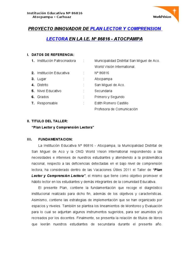 Proyecto Plan Lector | PDF | Comprensión lectora | Maestros