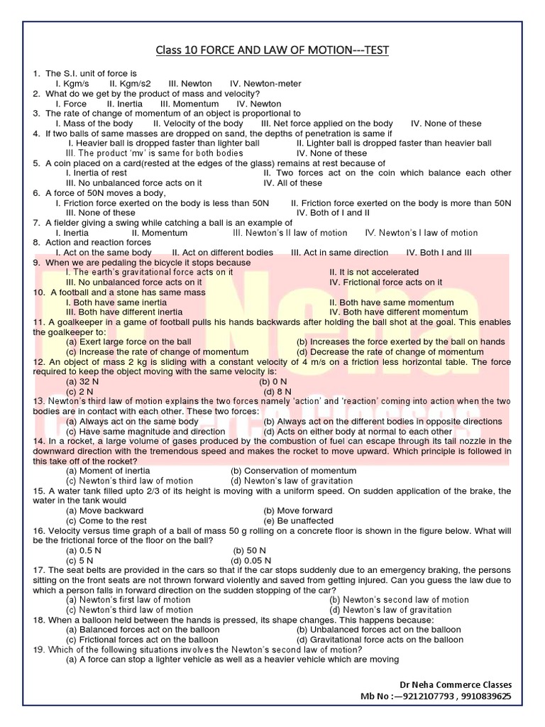Class 9 Force and Law of Motion - Test | PDF | Force | Newton's Laws Of ...