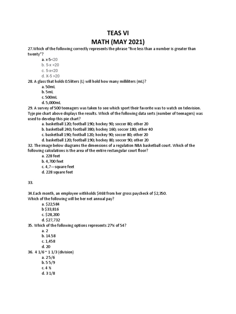 Teas VI Questions - Took May6 | PDF | Games & Activities | Teaching ...