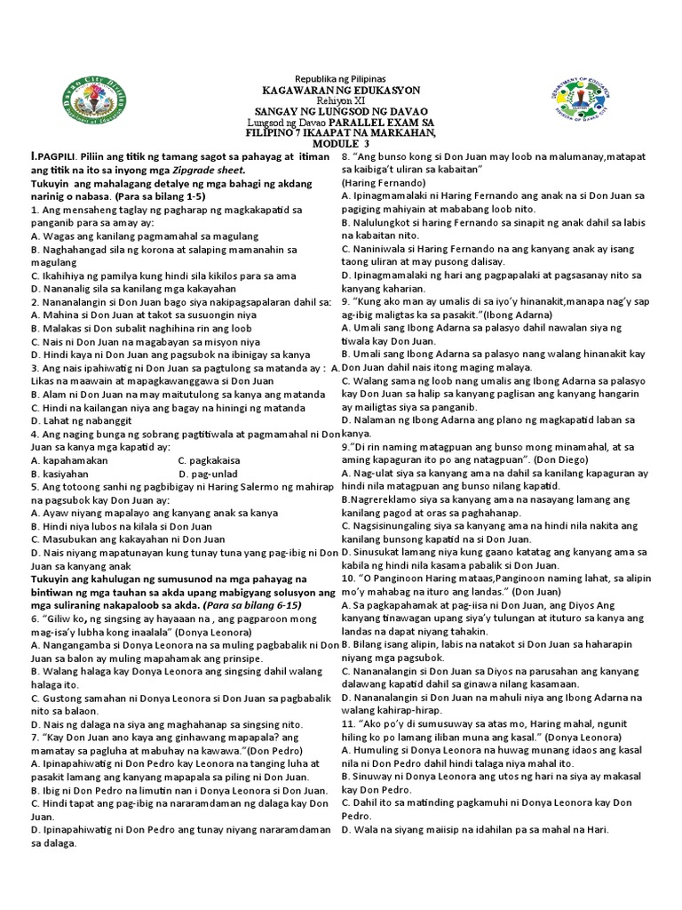 Parallel Exam Filipino7 q4 Module 3 | PDF