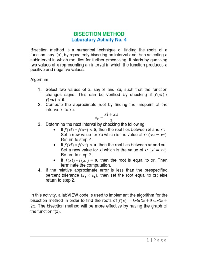Bisection Method: Laboratory Activity No. 4 | PDF | Computer Science | Algorithms And Data ...