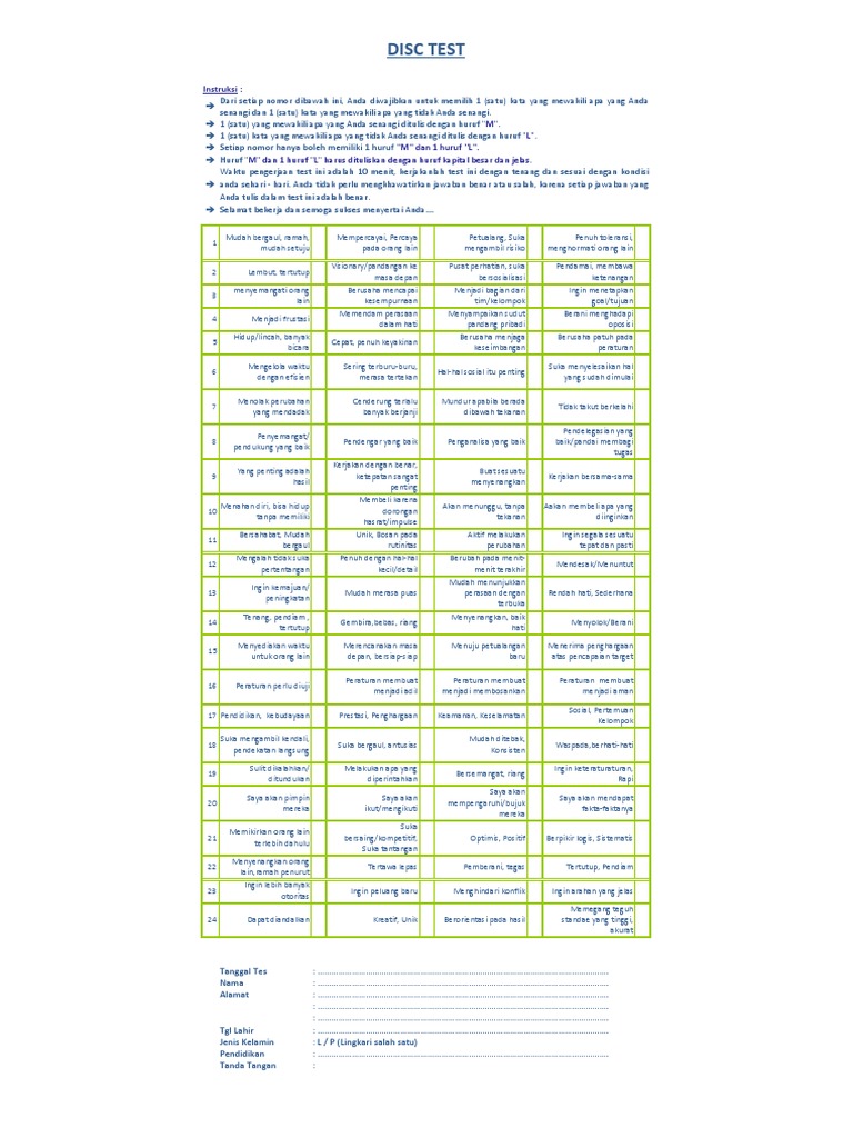 DISC Test Form | PDF | Pengembangan Diri