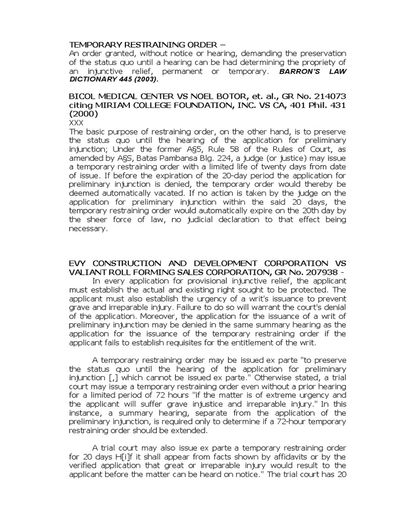 TEMPORARY RESTRAINING ORDER-jurisprudence | PDF | Injunction | Ex Parte