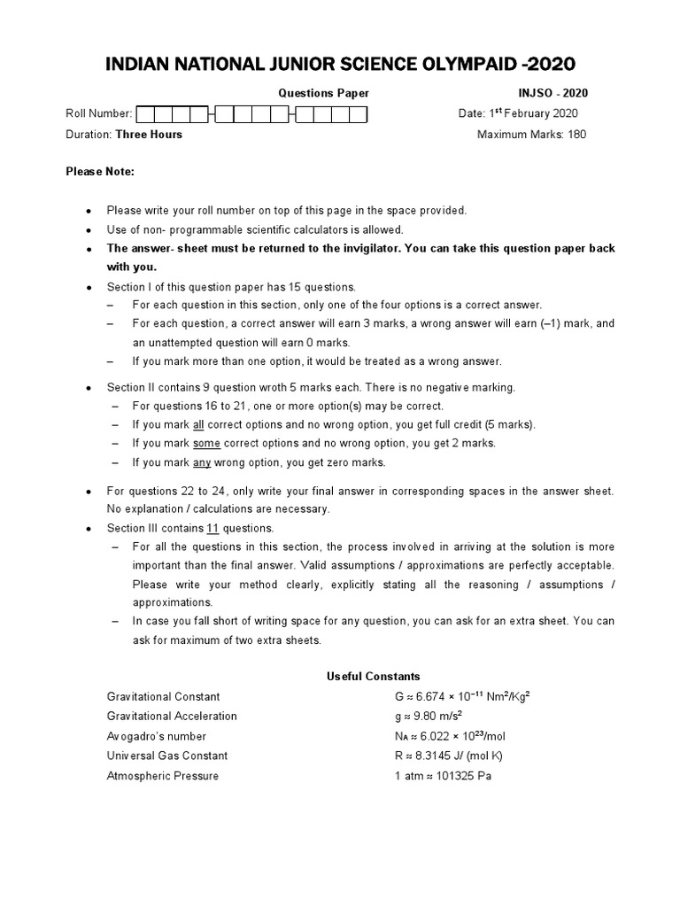 Indian National Junior Science Olympaid - 2020: Questions Paper INJSO ...