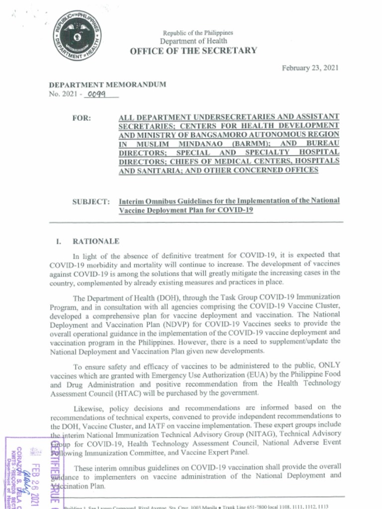 DOH DM 2021-0099 Interim Omnibus Guidelines For The Implementation of ...