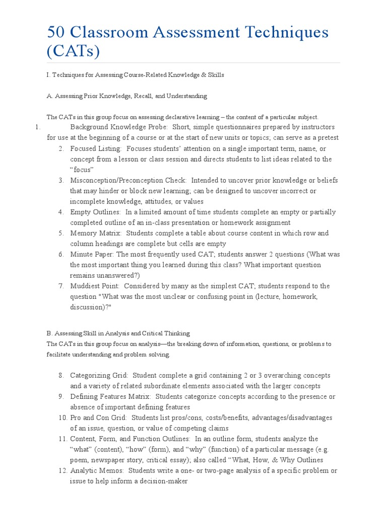 50 Classroom Assessment Techniques Pdf Learning Communication