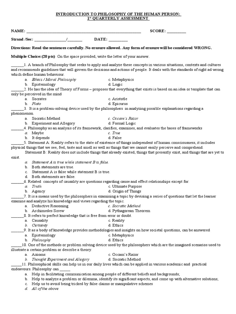 Grade 11 Philosophy 1st Quarter Exam | PDF | Reason | Metaphysics