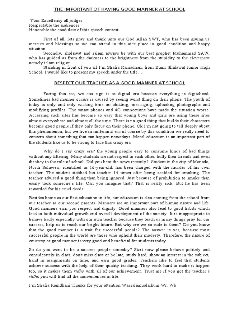 The Important of Having Good Manners at School | PDF | Teachers