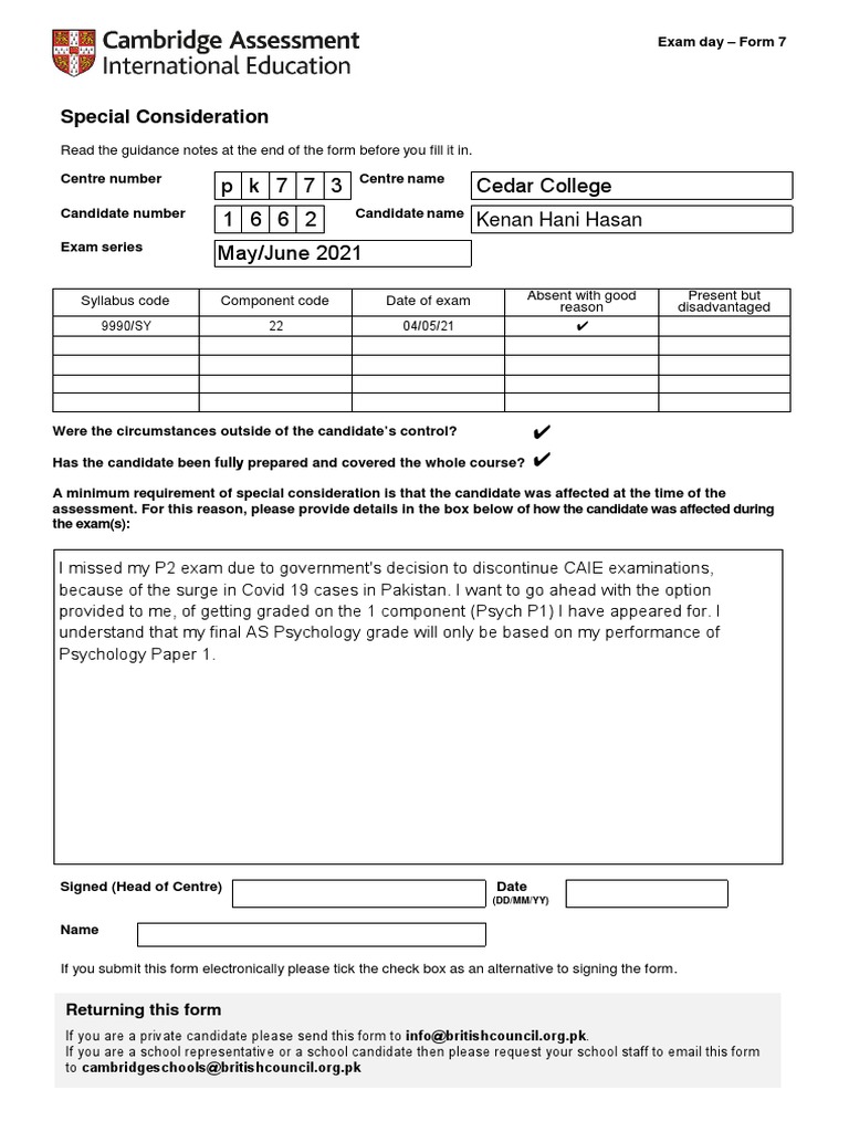 Special Considerations Form | PDF | Test (Assessment)