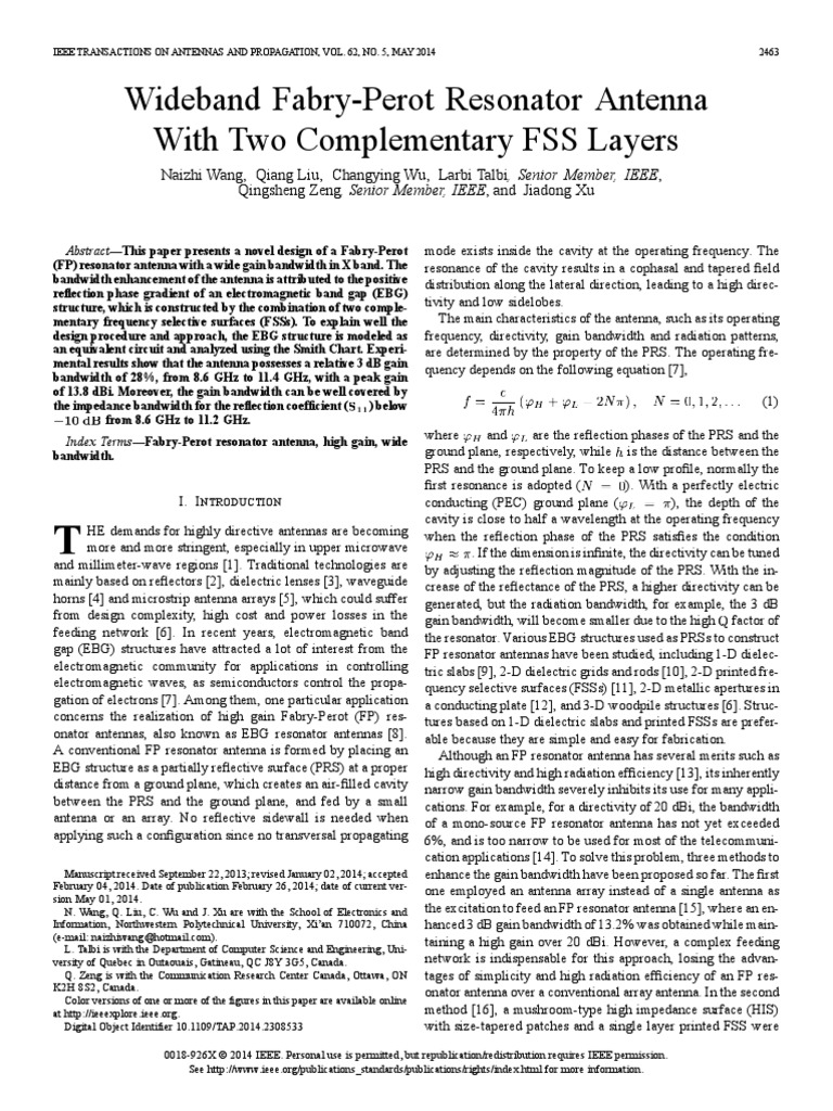 Wideband Fabry-Perot Resonator Antenna With Two Complementary FSS Layers | PDF | Antenna (Radio ...