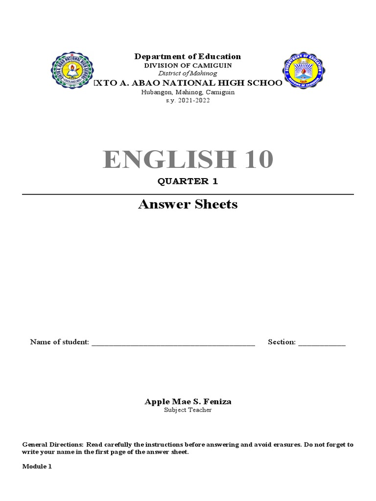 English 10: Answer Sheets | PDF | World Wide Web | Internet & Web